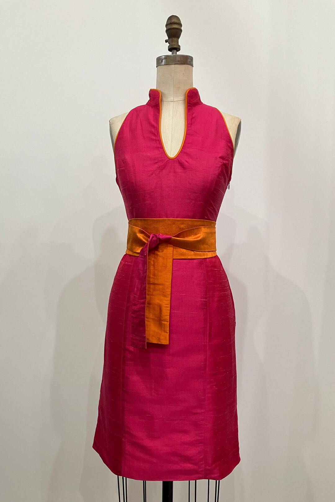 Pink and Orange Modern Cheongsam Silk Shantung Sheath Dress, Made to ...