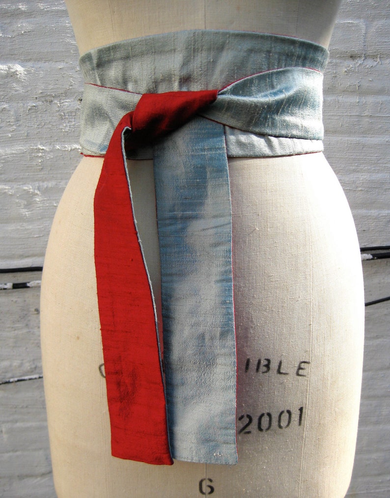 Red & Aqua Reversible Silk Shantung Obi Sash - Etsy