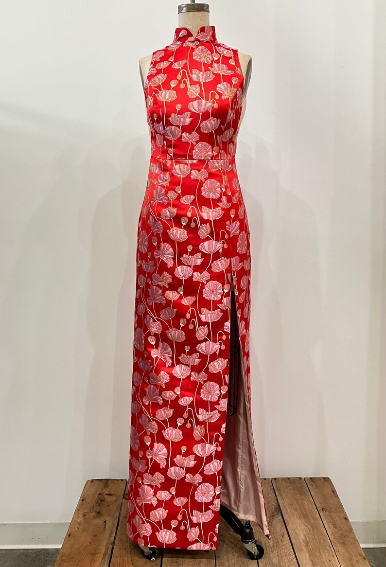 Red Brocade Modern Cheongsam Long Column Dress, Made to Order - Etsy