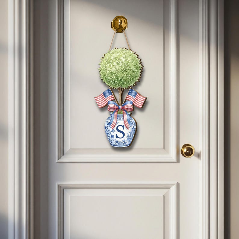 Custom Monogram Wooden Door Hanger: Topiary Vase Initial Letter USA ...