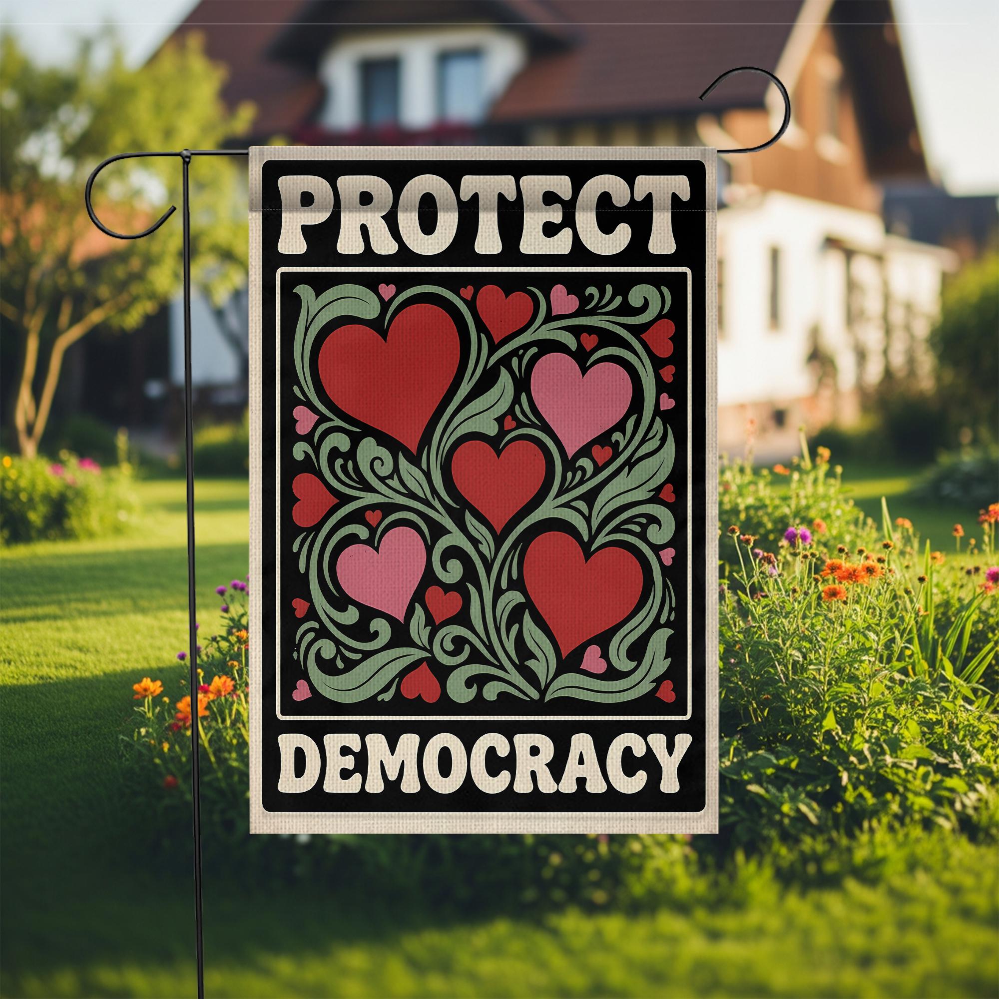 Garden Flag: Protect Democracy Hearts Floral Vine Black Cream Outdoor ...