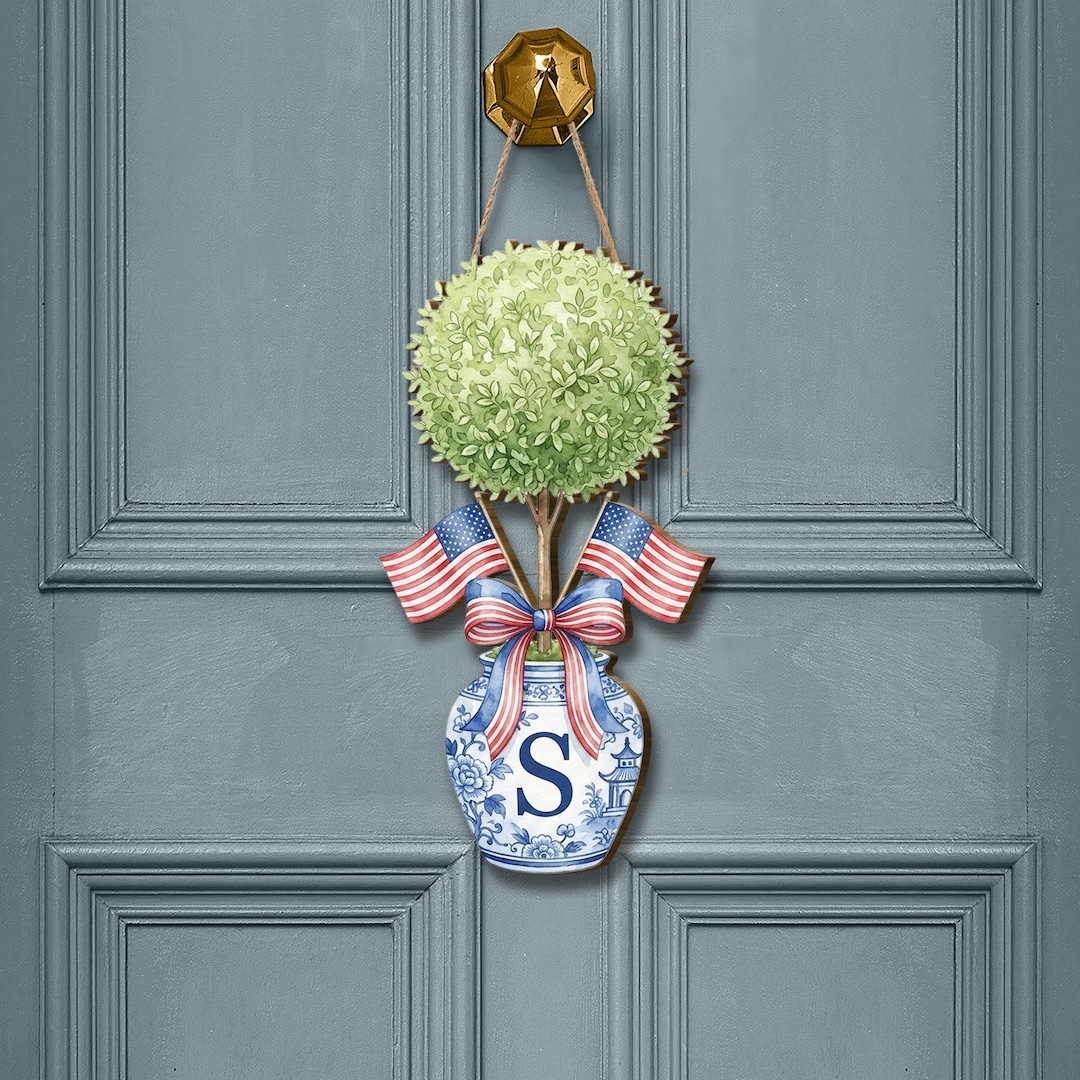 Custom Monogram Wooden Door Hanger: Topiary Vase Initial Letter USA ...
