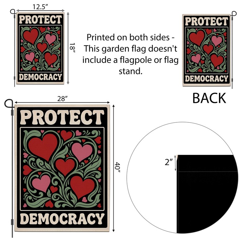 Garden Flag: Protect Democracy Hearts Floral Vine Black Cream Outdoor ...