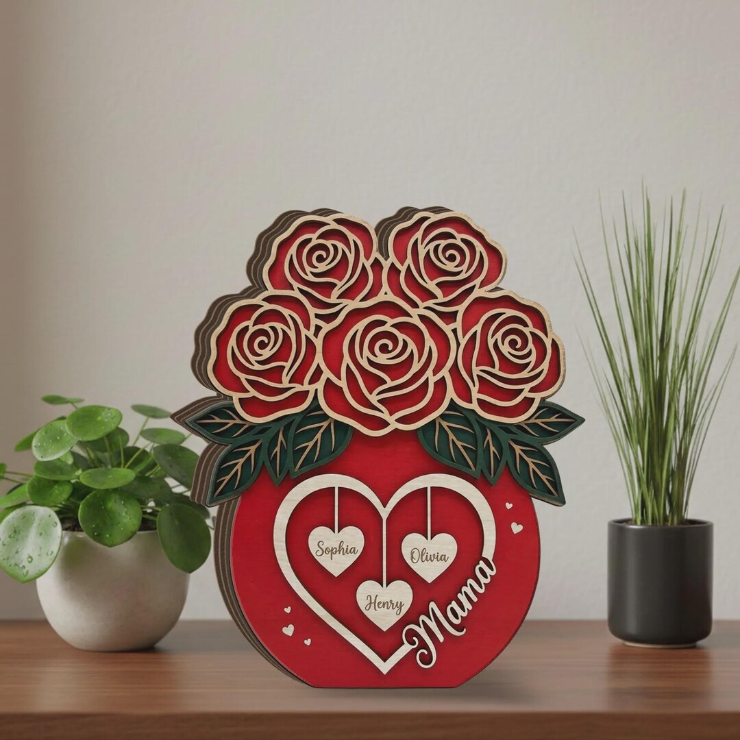 Custom Layered Wood Standee: Red Rose Vase With Personalized Name ...