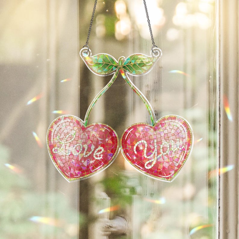 Hologram Acrylic Suncatcher: Cherry Hearts Love You, Broken Glass ...