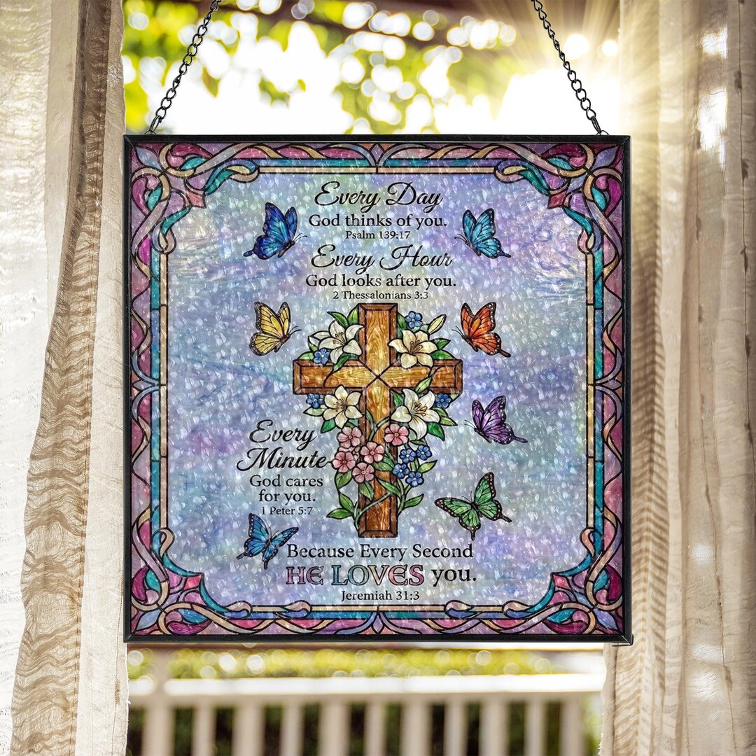 Christian Cross Square Suncatcher: Bible Verse Window Hanging - Etsy