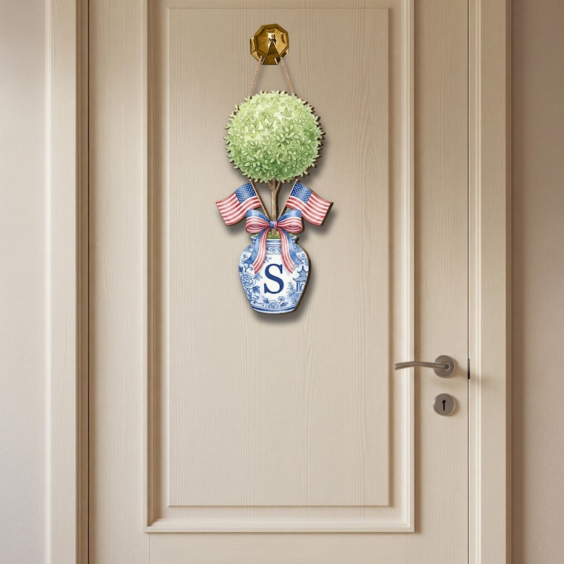 Custom Monogram Wooden Door Hanger: Topiary Vase Initial Letter USA ...