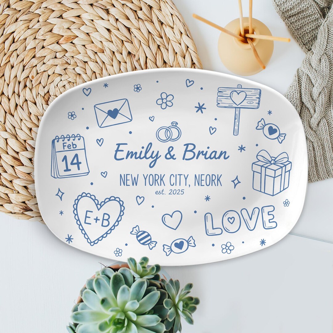 Personalized Platter: Couple Names Date City, Love Doodle Illustration ...