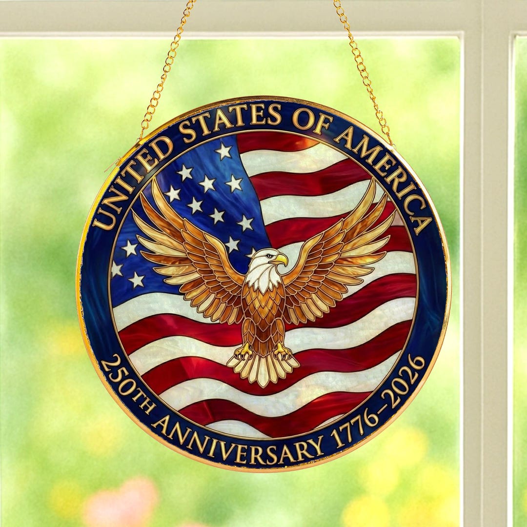 America 250 Glass Suncatcher, Bald Eagle Window Hanging, Gold Frame ...