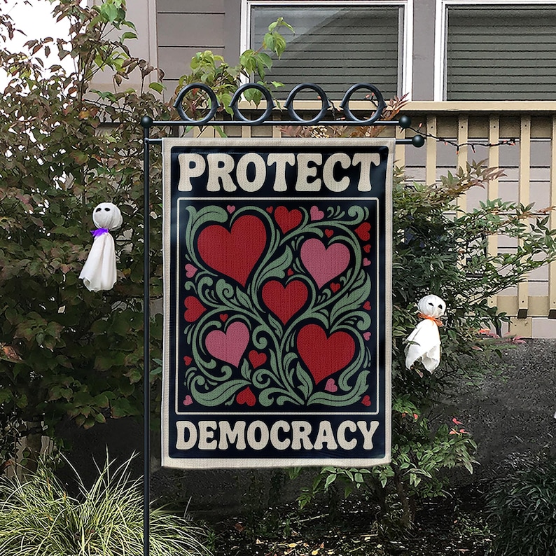 Garden Flag: Protect Democracy Hearts Floral Vine Black Cream Outdoor ...