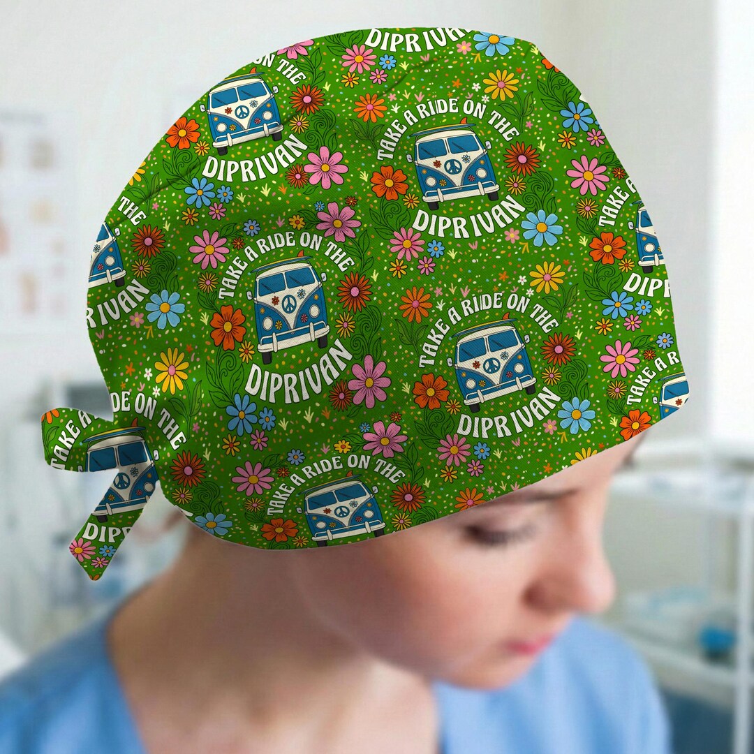 Anesthesia Theme Pattern Scrub Cap: Tie Back Surgical Hat, Retro Van ...