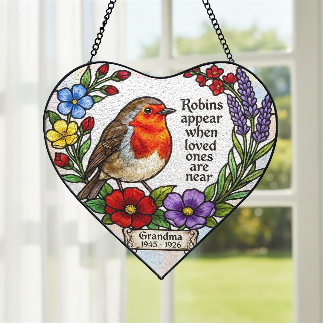 Personalized Robin Memorial Suncatcher: "robins Appear" Heart Stained ...