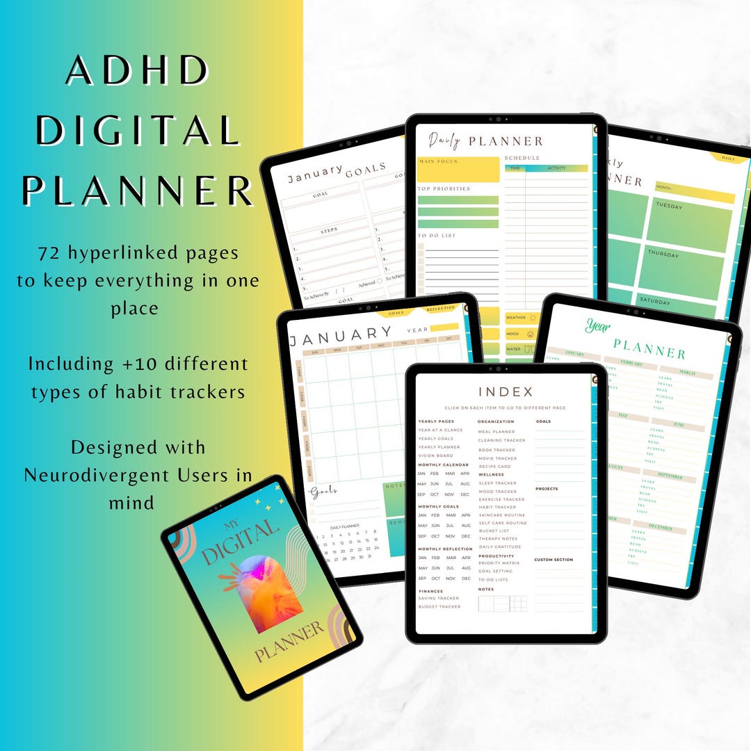 ADHD Digital Planner for Adults, Focus Productivity Template, Daily ...