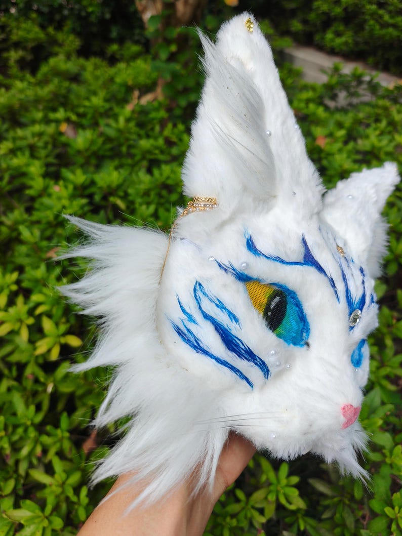 White Spirit Cat Therian Mask | Handmade Realistic Faux Fur Therian ...