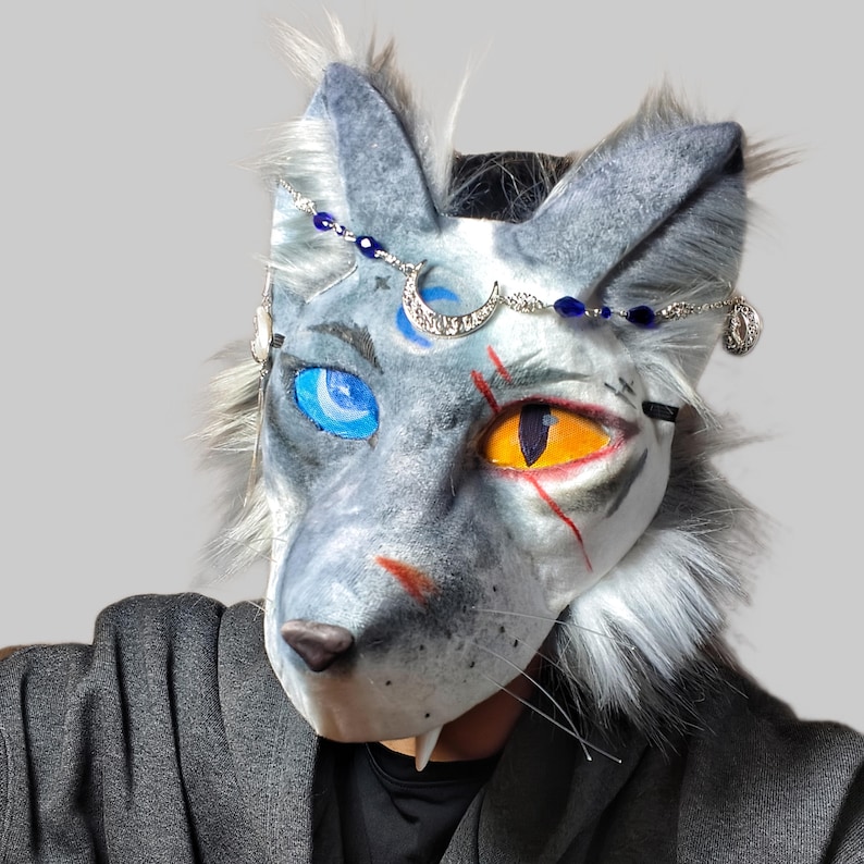 Celestial Gray Silver Wolf Therian Mask & Tail Set – Handmade Faux Fur ...