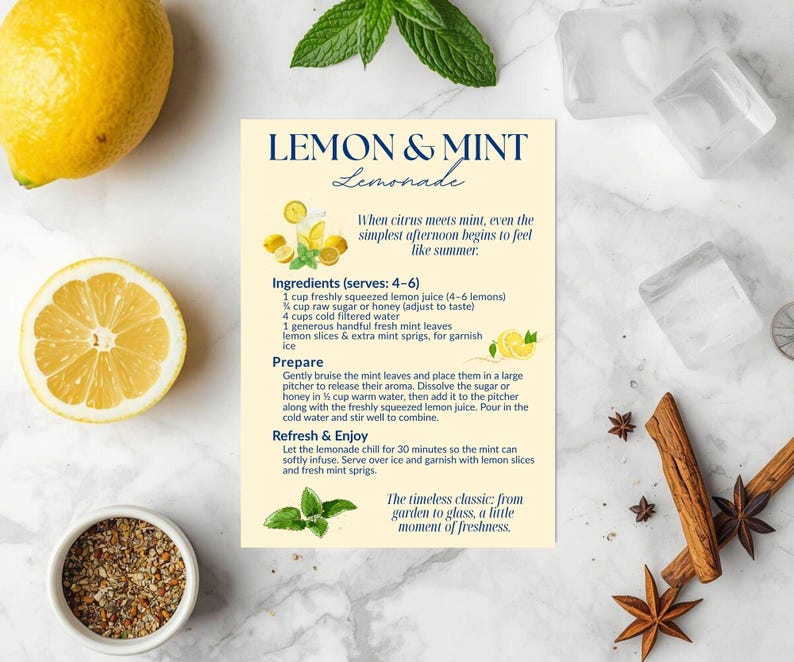 Classic Lemonade Recipe Card: Homemade Cooking, 4-6 Servings, Printable ...