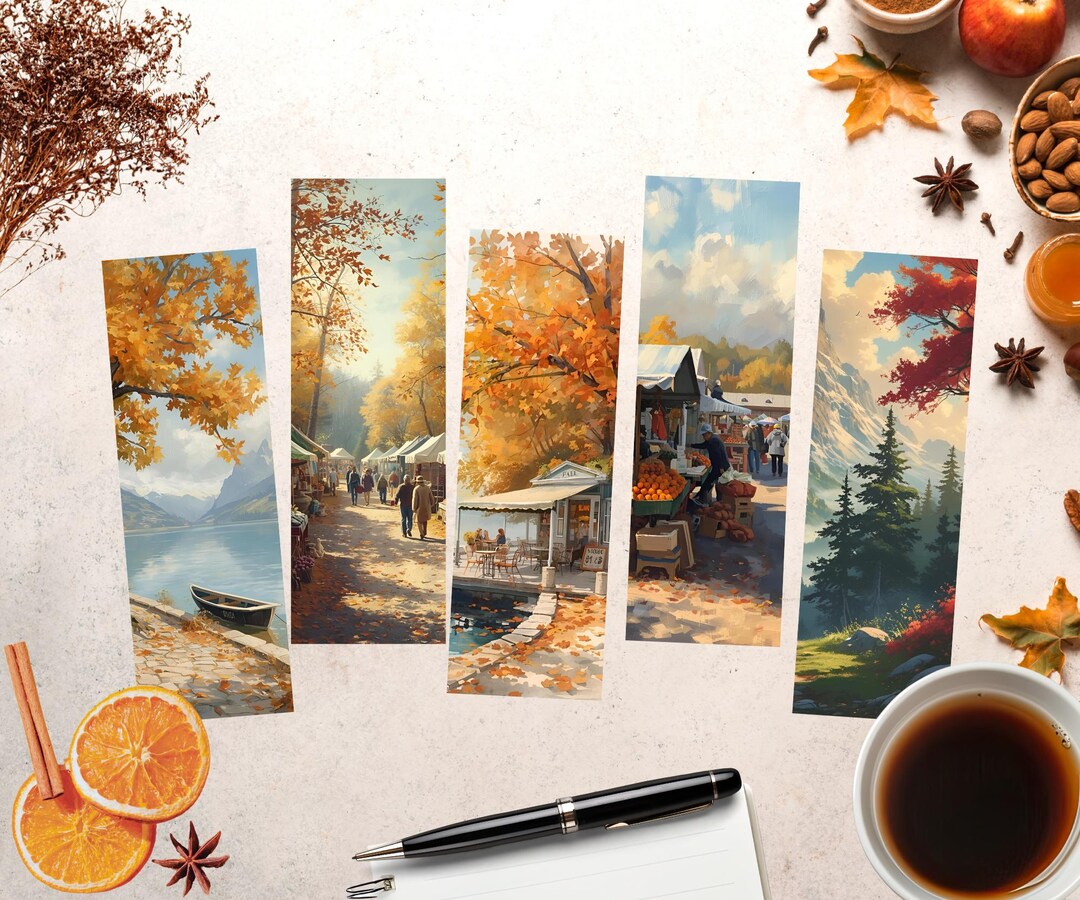 Autumn Leaves & Blue Sky Bookmarks: Printable Watercolor Landscapes ...