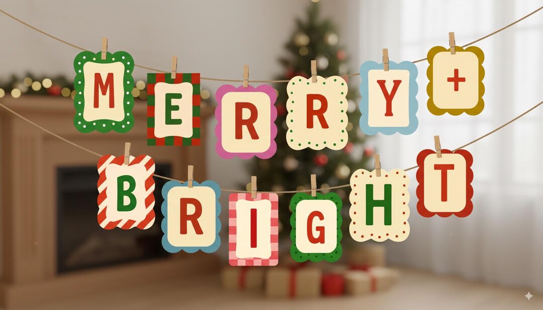 Merry + Bright Christmas Banner: Printable Holiday Garland (PDF ...