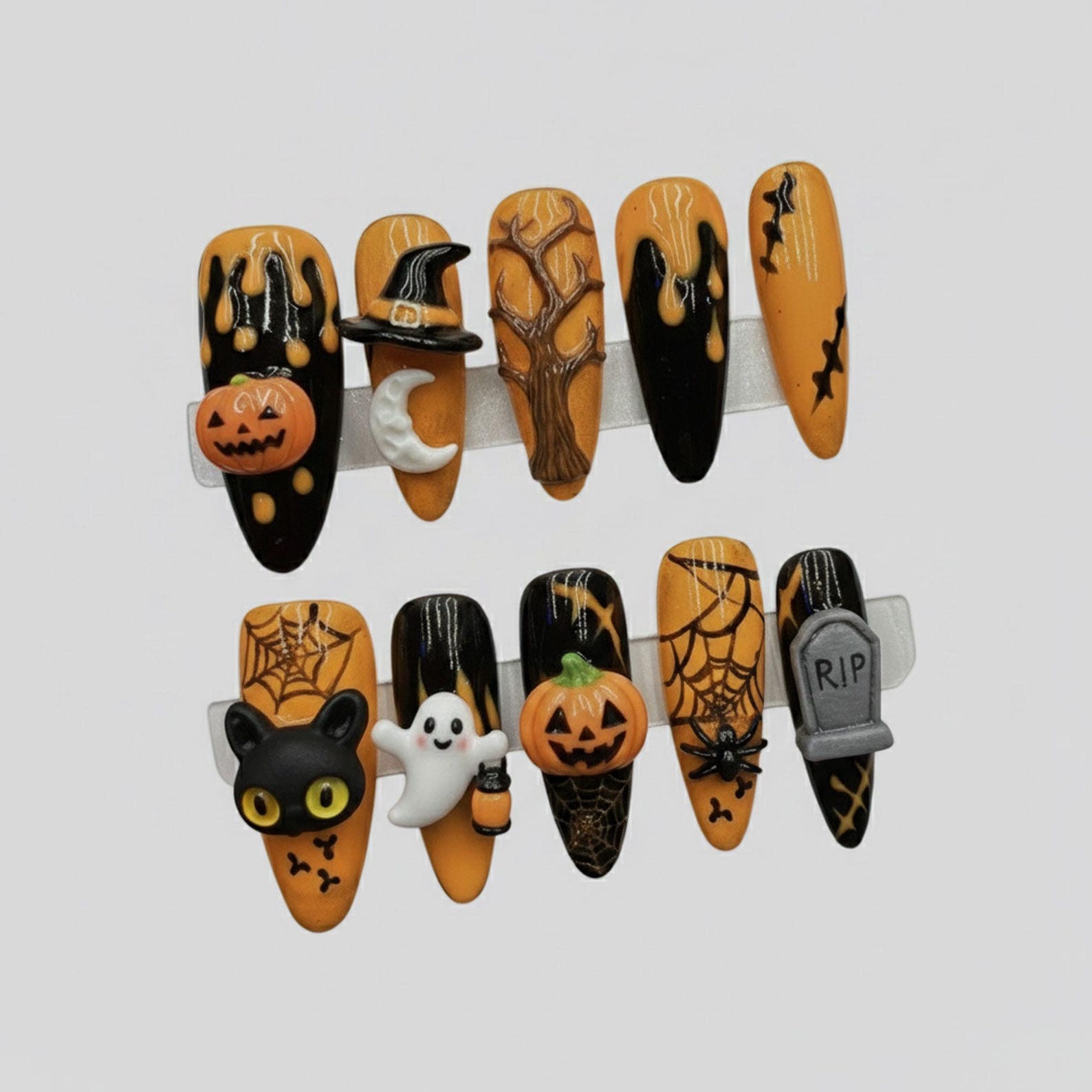 Spooky Halloween Press-on Nails – Pumpkins, Ghosts, Black Cats, Spider ...