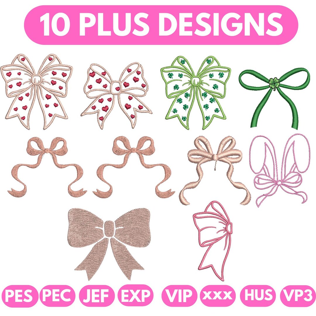 Coquette Bow Machine Embroidery Designs Bundle Pink Ribbon Embroidery ...