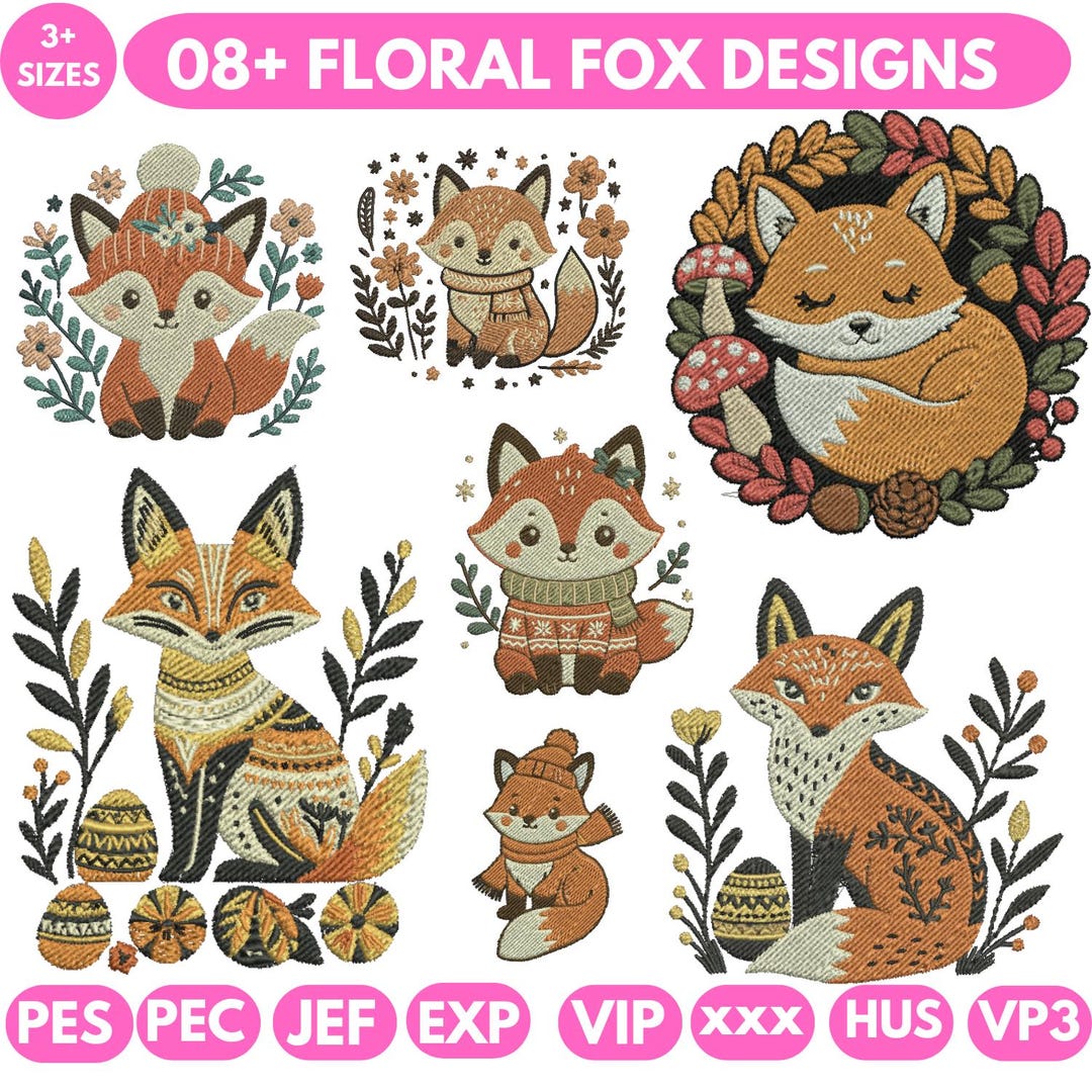 Floral Fox Embroidery Machine Design Bundle Cute Fox Embroidery Design ...