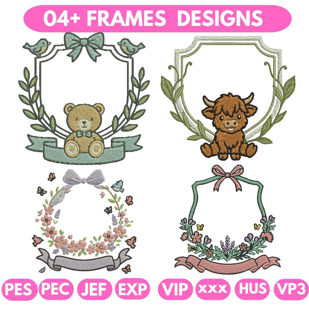 Bow Floral Frame Machine Embroidery Design Bundle Floral Crest ...