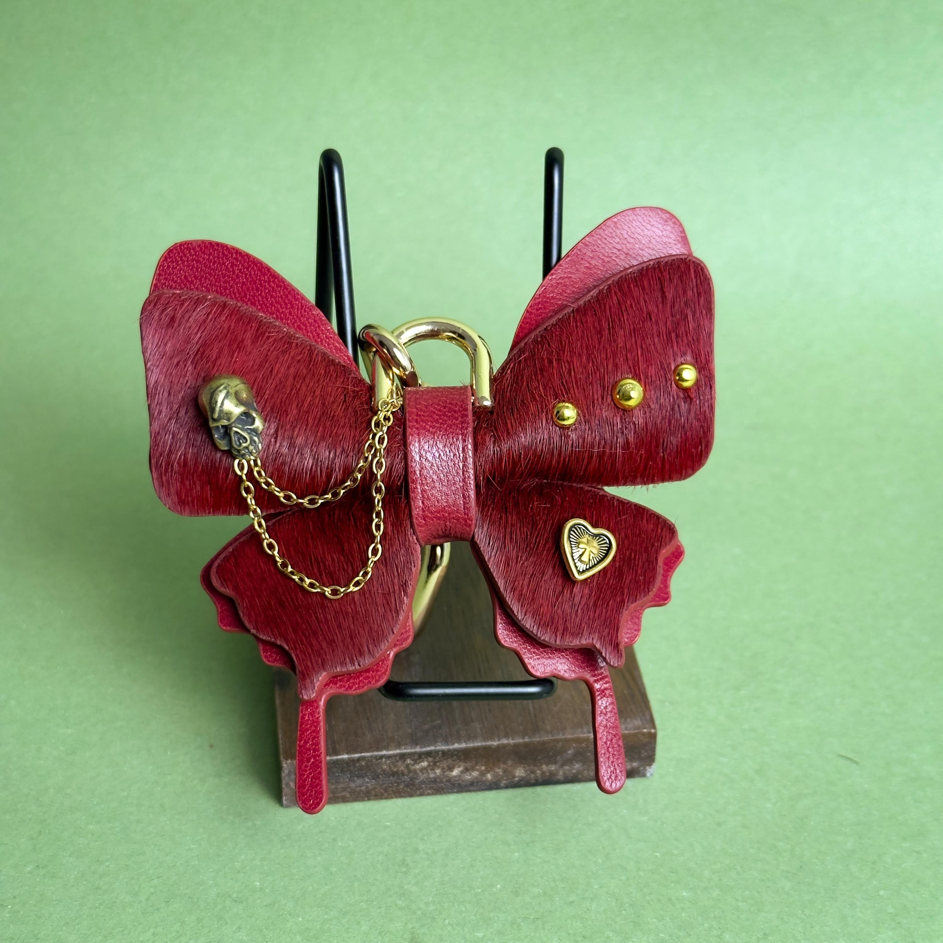 Gothic Burgundy Leather Butterfly Bag Charm, Handmade Horse Hair ...