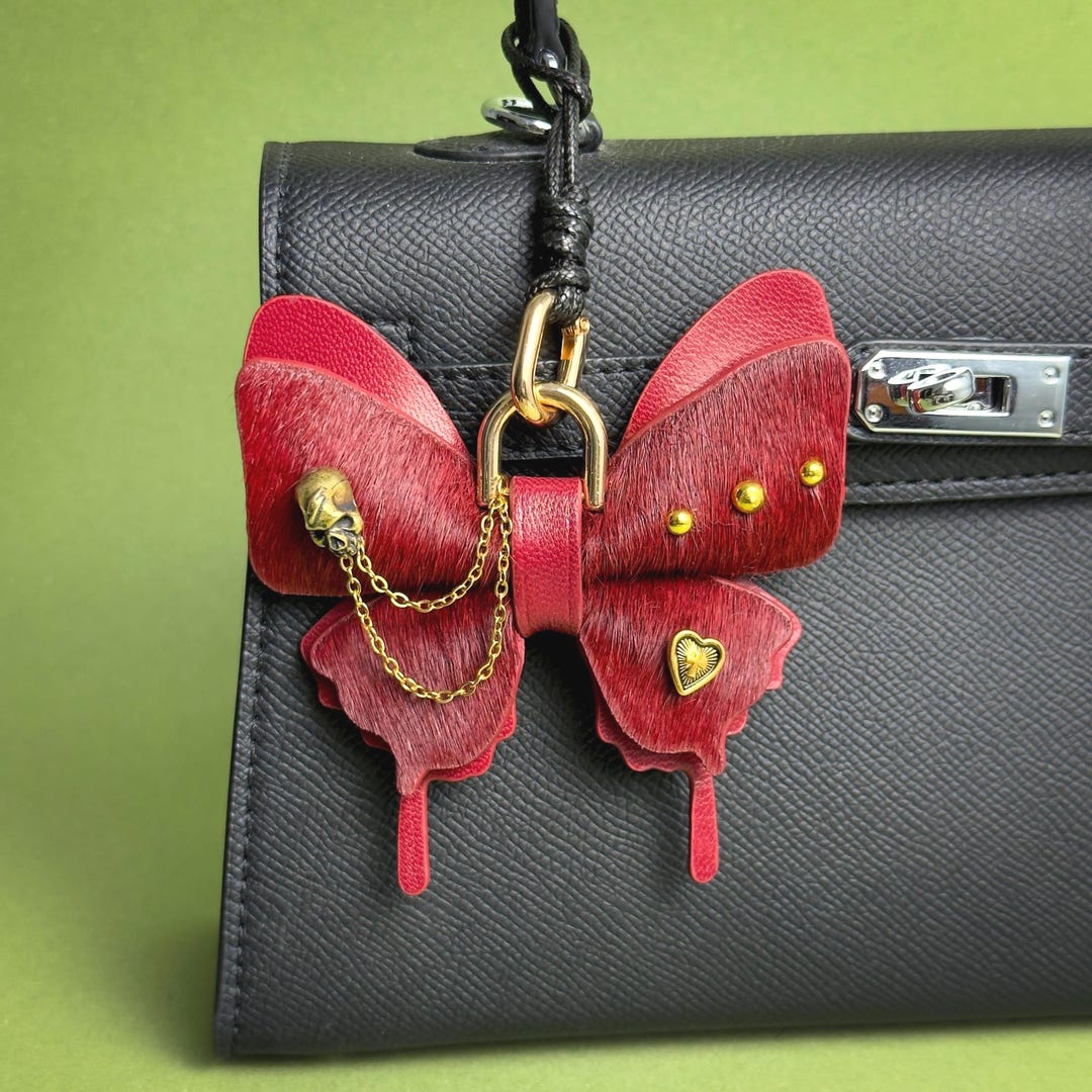 Gothic Burgundy Leather Butterfly Bag Charm, Handmade Horse Hair ...