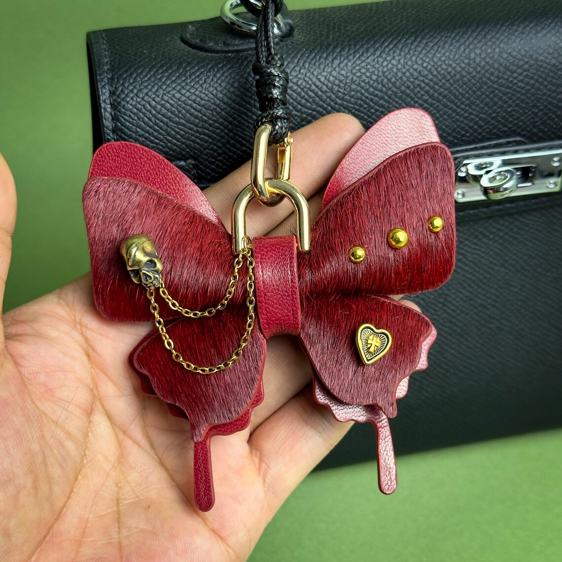 Gothic Burgundy Leather Butterfly Bag Charm, Handmade Horse Hair ...