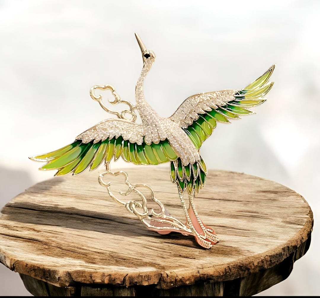 Green Enamel Crane Brooch: Crystal Bird Pin, Nature-inspired Jewelry - Etsy