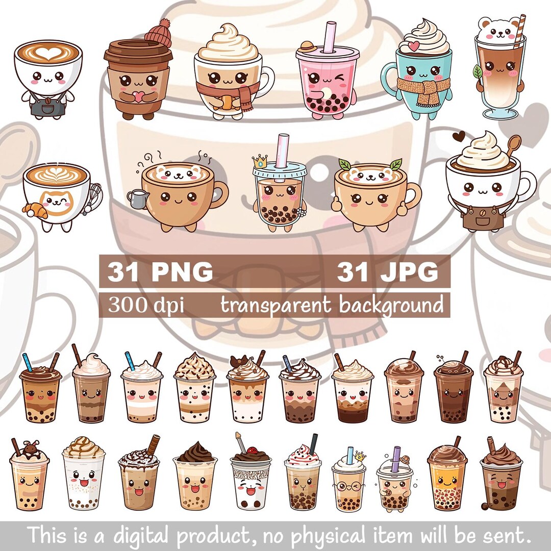 Kawaii Coffee Clipart Set | Bubble Tea PNG Bundle (digital Download) - Etsy