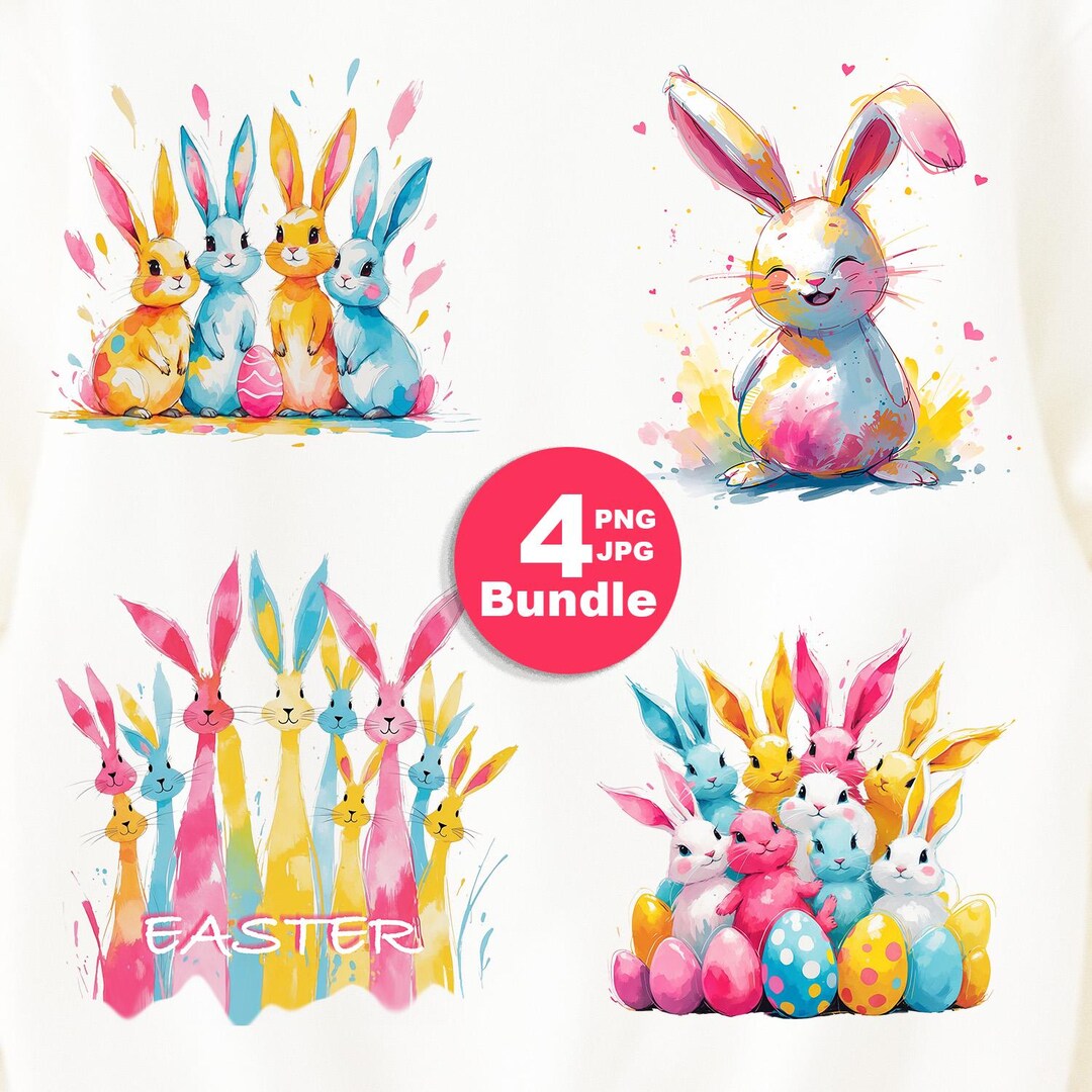 Watercolor Easter Bunny 4 PNG Bundle, Colorful Bunny Clipart for Kids ...