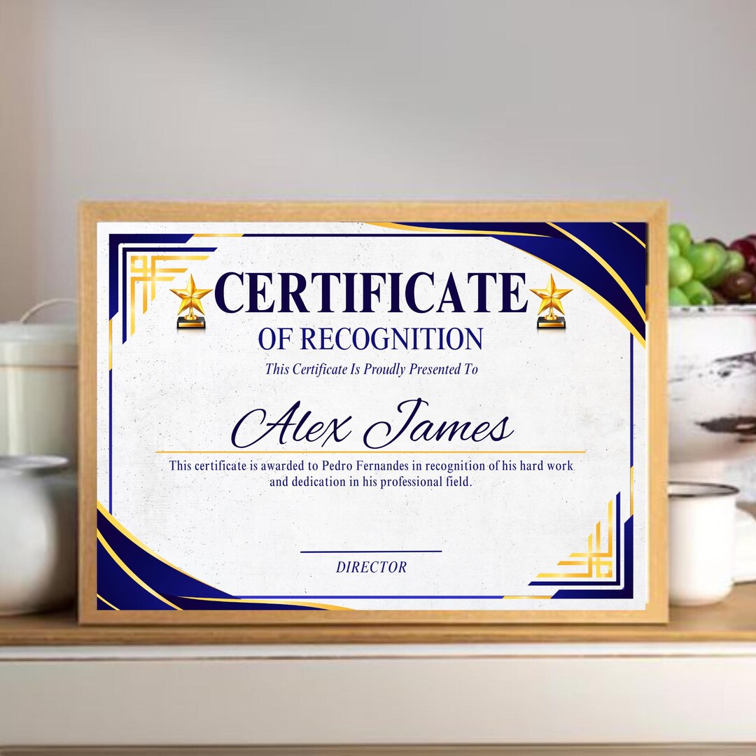 Editable Certificate of Recognition Template, Custom Award Certificate ...