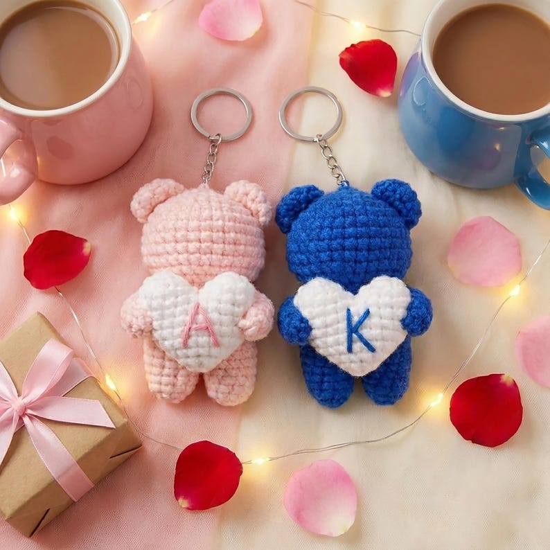 Handmade Crochet Bear Couple Keychain – Set of 2 Cute Amigurumi Bear ...