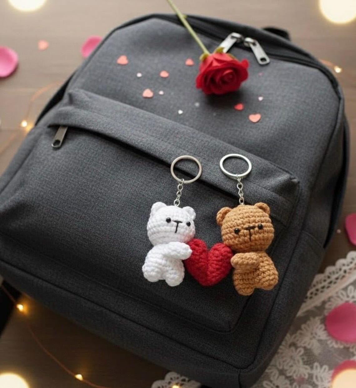 Crochet Bear Keychain Hugging Heart – Handmade Amigurumi Gift, Cute ...