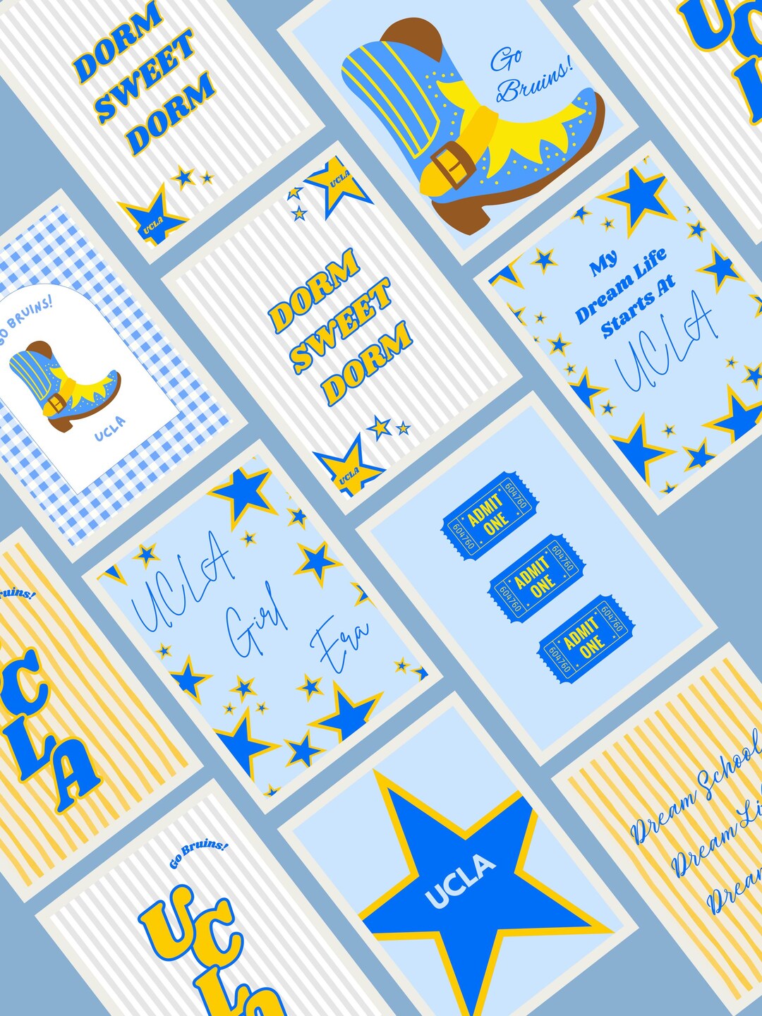 UCLA Wall Art Set of 12 College Girl Decor Retro Western Print Digital ...