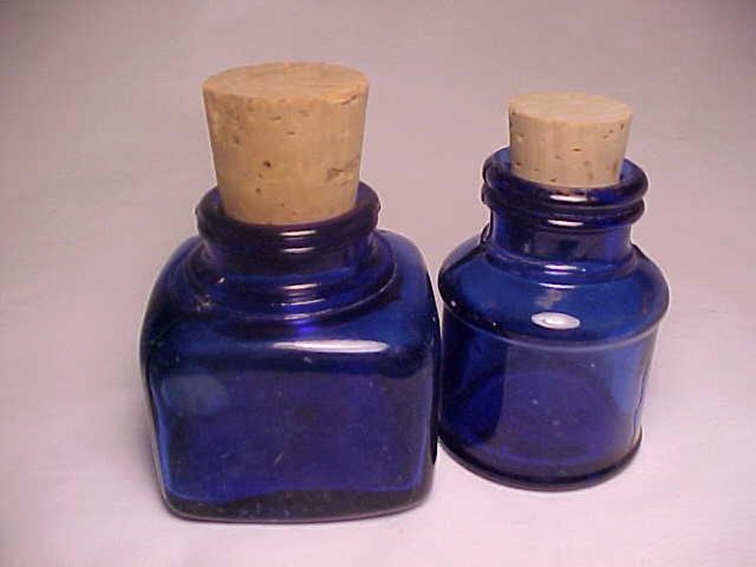 Set of Two C1910-20 Cobalt Blue Cork Top Square and Round Inkwells Ink ...