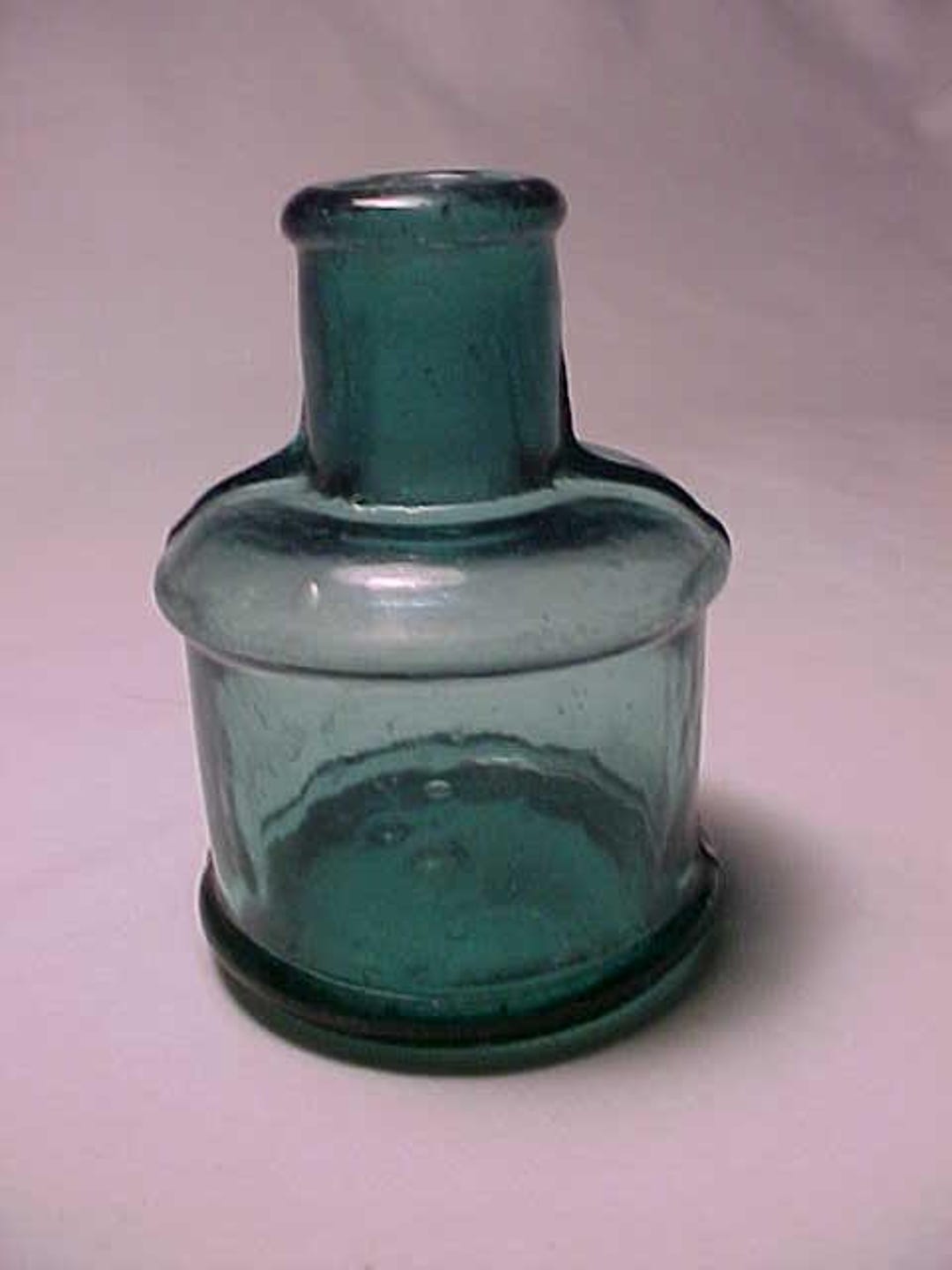 C1880-90s Cylindrical Round Teal Green Blown Glass Cork Top Inkwell Ink ...