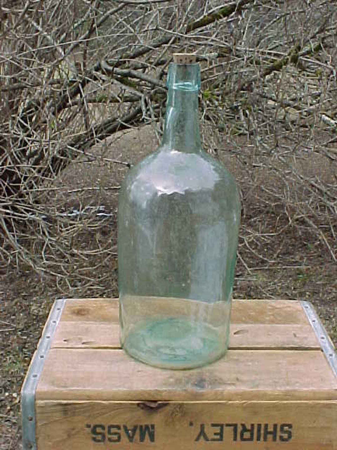 C1890s 1 to 1 1/2 Gallon Size Aqua Blown Glass Cork Top Demijohn Booze ...