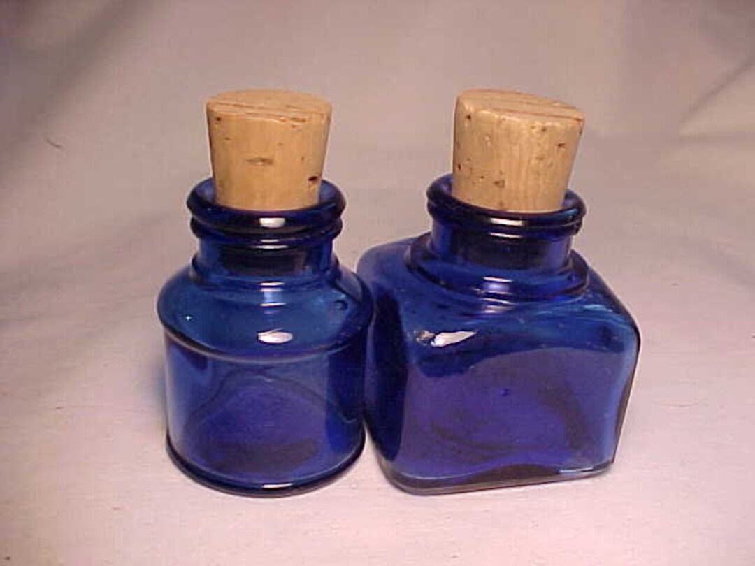 Set of Two C1910-20 Cobalt Blue Cork Top Square and Round Inkwells Ink ...