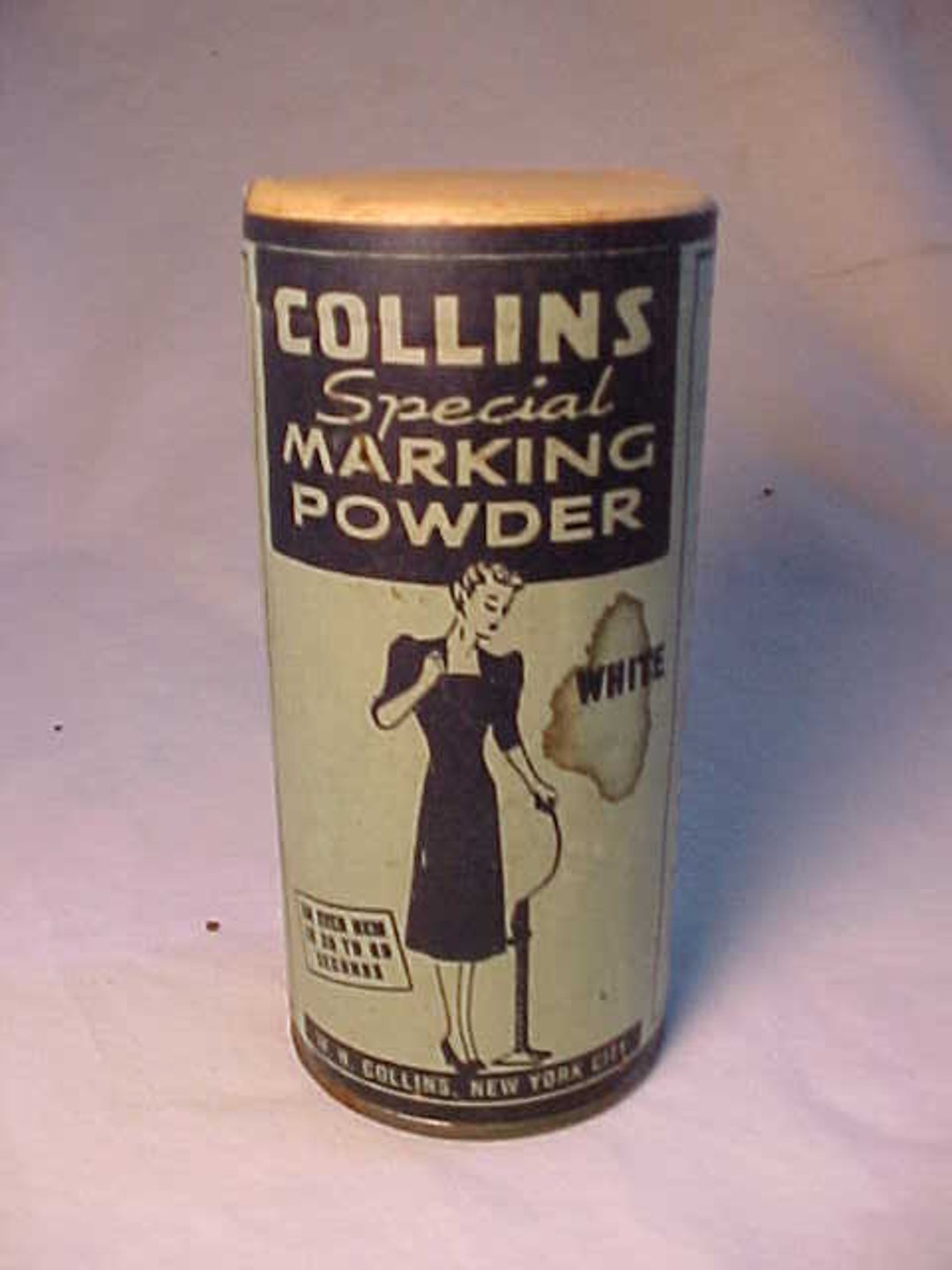 C1930s Collins Special White Marking Powder Container for Vintage Skirt ...