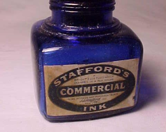 C1910 Stafford's Commercial Ink Cobalt Blue Glass Cork Top Square ...
