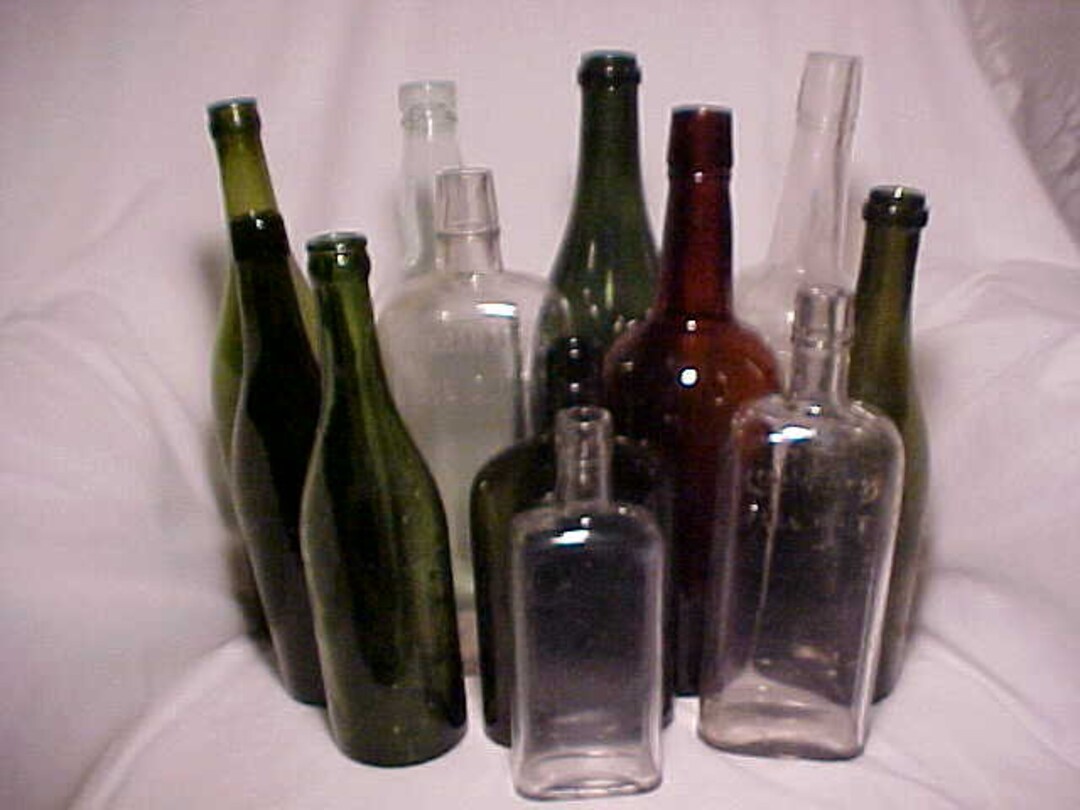 C1890-1920s Group Lot of 12 Mixed Color Clear, Green, Amber Glass ...