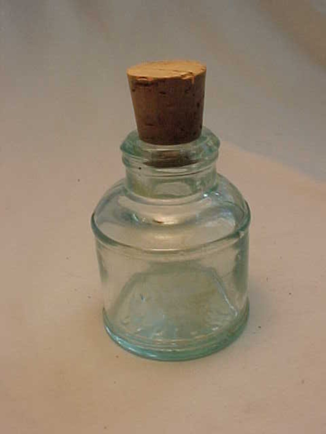 C1880s Carter's 7 1/2 Aqua Blown Glass Cork Top Inkwell Ink Bottle With ...