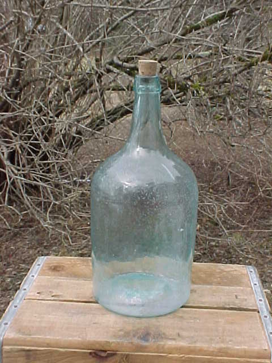 C1880s 1 to 1 1/2 Gallon Size Aqua Blown Glass Cork Top Demijohn Booze ...