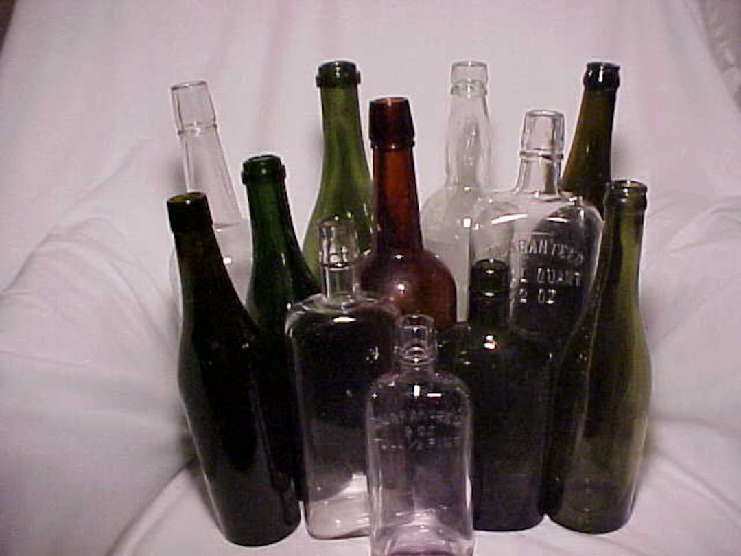 C1890-1920s Group Lot of 12 Mixed Color Clear, Green, Amber Glass ...
