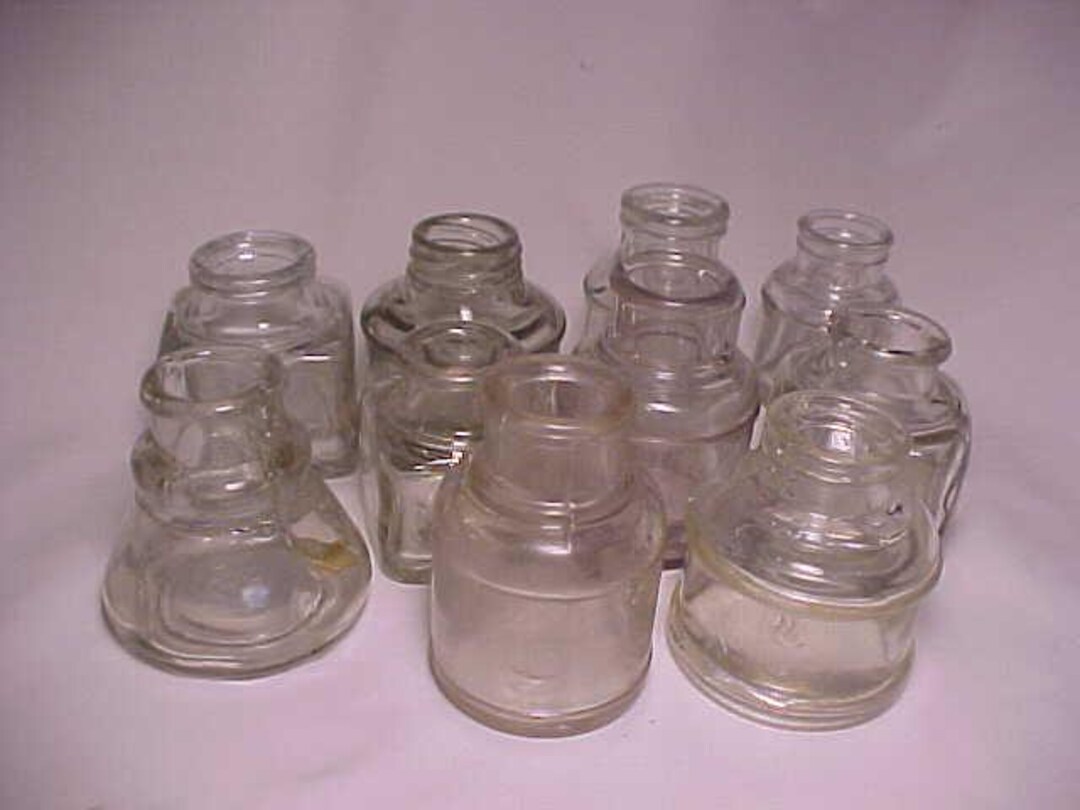 Group Collection Lot of Ten C1910 - 1920s Cork Top Inkwells Ink Bottles ...