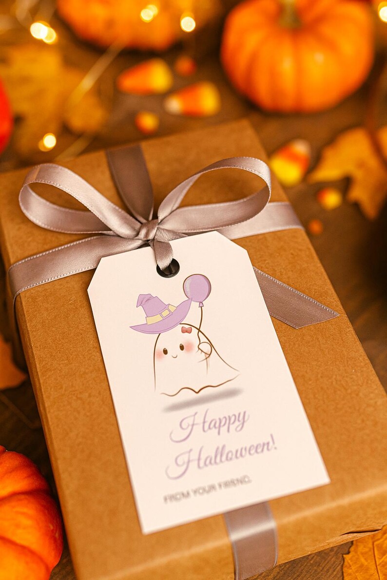 Halloween Gift Tag Printable – Cute Ghost With Pumpkin, Digital ...