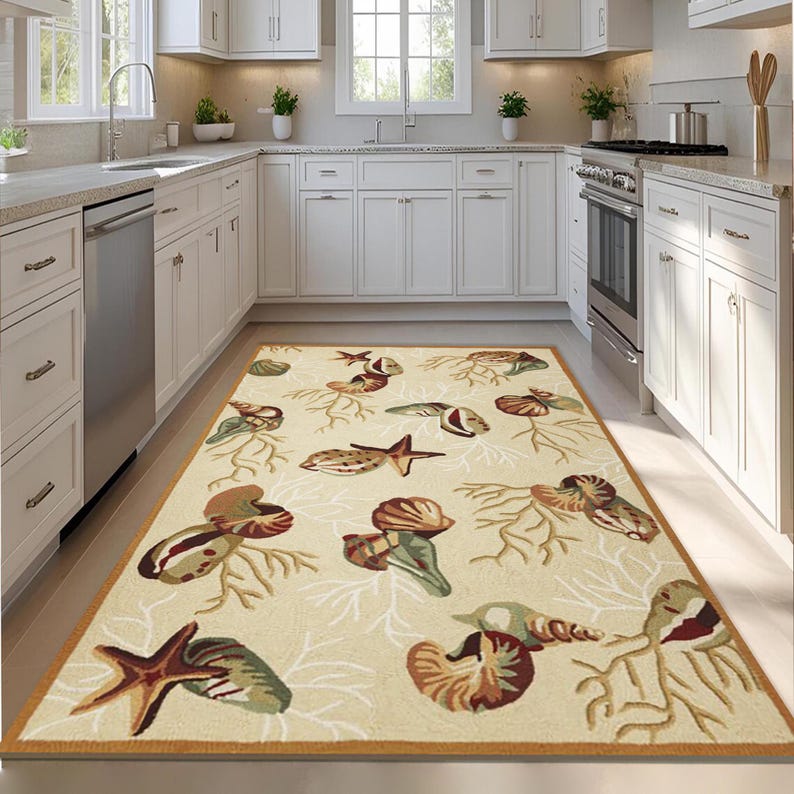 Coastal Sea Area Rug, Seashell and Starfish Pattern Carpet, Beach Style ...