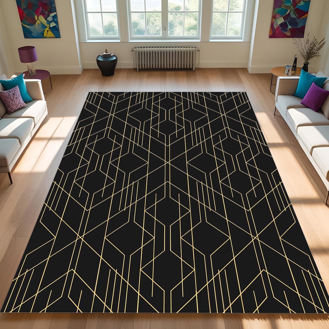 Black and Gold Art Deco Rug: Modern Geometric Design, Art Deco Black ...